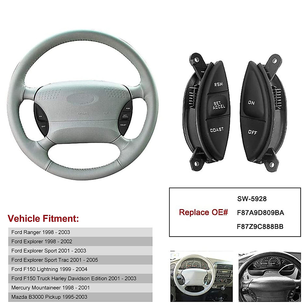 BASIKER Steering Wheel Cruise Control Switch Button Fit for Ford Explorer & Ford Ranger Mercury Mazda Perfect Replacement OEM SW-5928 F87Z9C888BB F87A9D809BA | Black 1998-2005