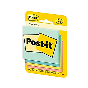 Post-it Notes, 3 in x 3 in, 4 Pads, America's #1 Favorite Sticky Notes, Marseille Collection, Pastel Colors (Pink, Mint, Yellow), Recyclable (5401)