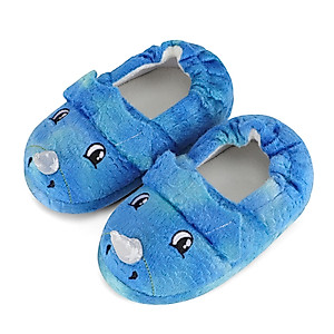 KAKU NANU Kids Slippers Cozy Animal Slippers for Boys Girls, House Indoor Non-Slip Rubber Sole Warm Memory Foam Shoes (7-8 Toddler,Blue)