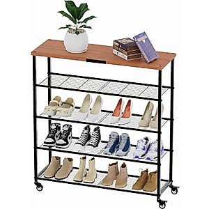 Simple Trending-5 Tier Extra Large Shoe Rack, Rolling Shoe Storage Organizer and Heavy Duty Casters with Brake for Closet Entryway, Steel Frame, Industrial, Rustic Wood and Black