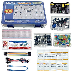 BOJACK 37 Values 480 Pcs Electronics Component Fun Kit with Power Supply Module, Jumper Wire,Precision Potentiometer,830 tie-Points Breadboard Compatible with STM32,Raspberry Pi,Arduino