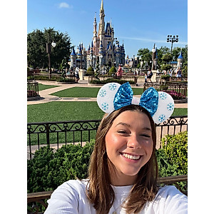 WOVOWOVO Mouse Ears Headbands for Women Girls Sparkle Bow Hairbands Halloween Christmas for Cosplay Costume Princess Party Decorations (Blue Snowflake)