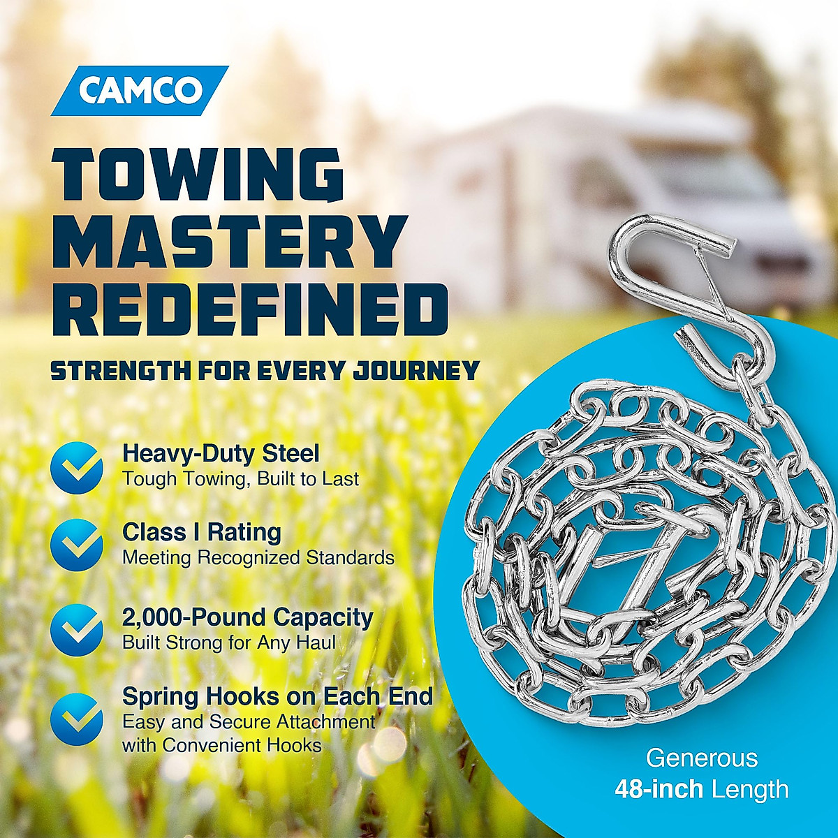 Camco Heavy Duty Steel 48" Safety Chain with Spring Hooks - Secures Tow Vehicle to Trailer | Class I 2,000 lb Capacity | Great for RV, Trailer, and Boat Towing |Rust Resistant - (50022)
