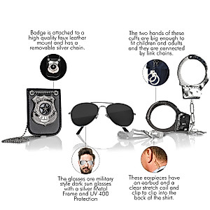 Skeleteen Kids Detective Set Accessories - Cool Special Agent Spy Gadgets Equipment for Detective Costumes with Sunglasses, Ear Piece, Badge, and Handcuffs