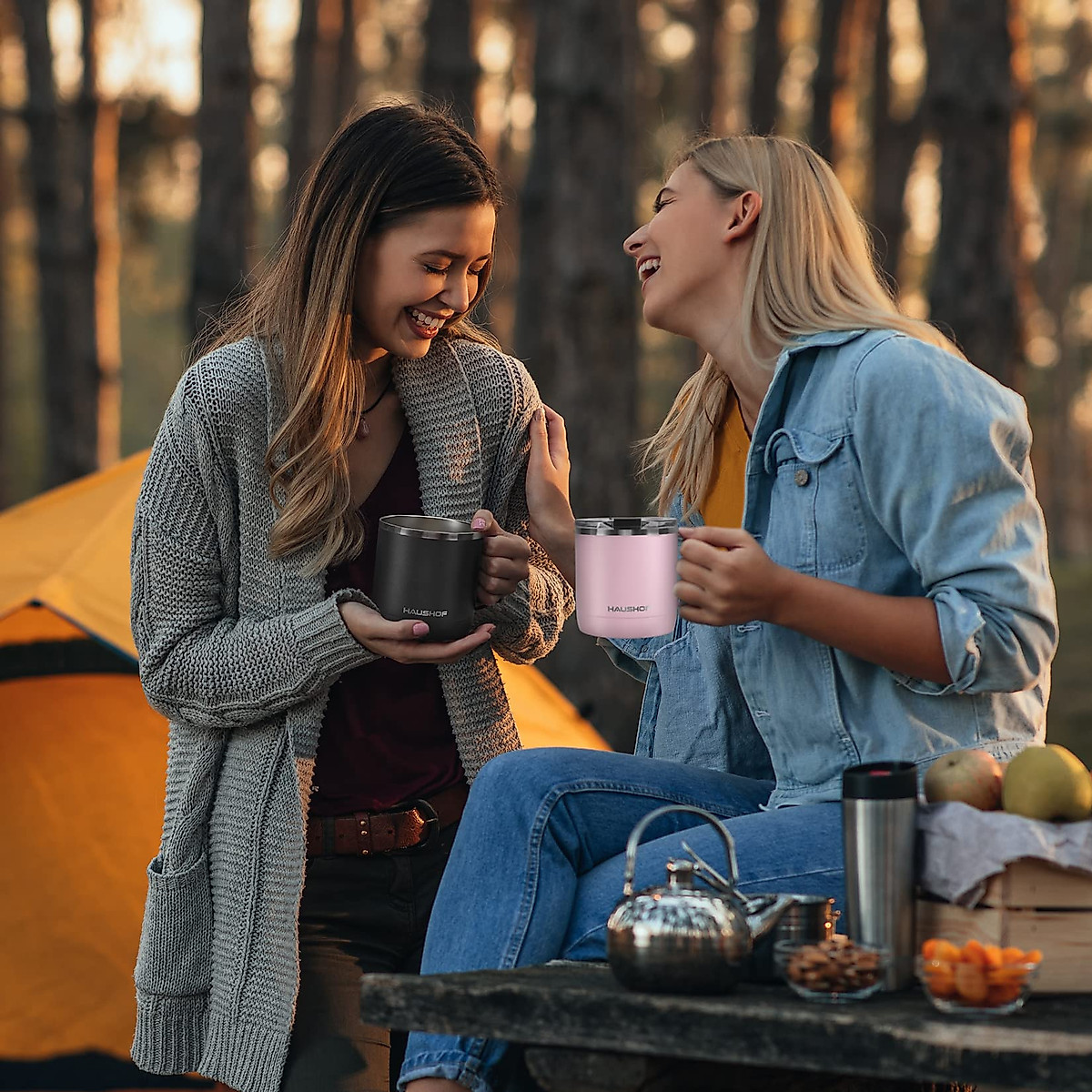 HAUSHOF 14 oz Coffee Mug, Insulated Coffee Mug with Handle, Travel Camping Cup, Portable Stainless Steel Coffee Cup, Insulated Coffee Cups with Lid, Pink