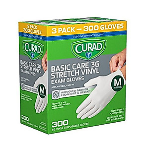 Curad Basic Care 3G Stretch Vinyl Exam Gloves, Powder Free, Medium, 100 Count (Pack of 3)