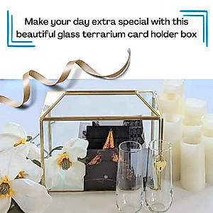 Homevec 10” Gold Glass Card Box for Wedding Reception, Honeymoon Fund, Graduation, Birthday or Baby Shower - Handmade Gold Terrarium Box with Lock for Envelopes and Gifts - 10.2 L x 5.9 W x 8.3 H”