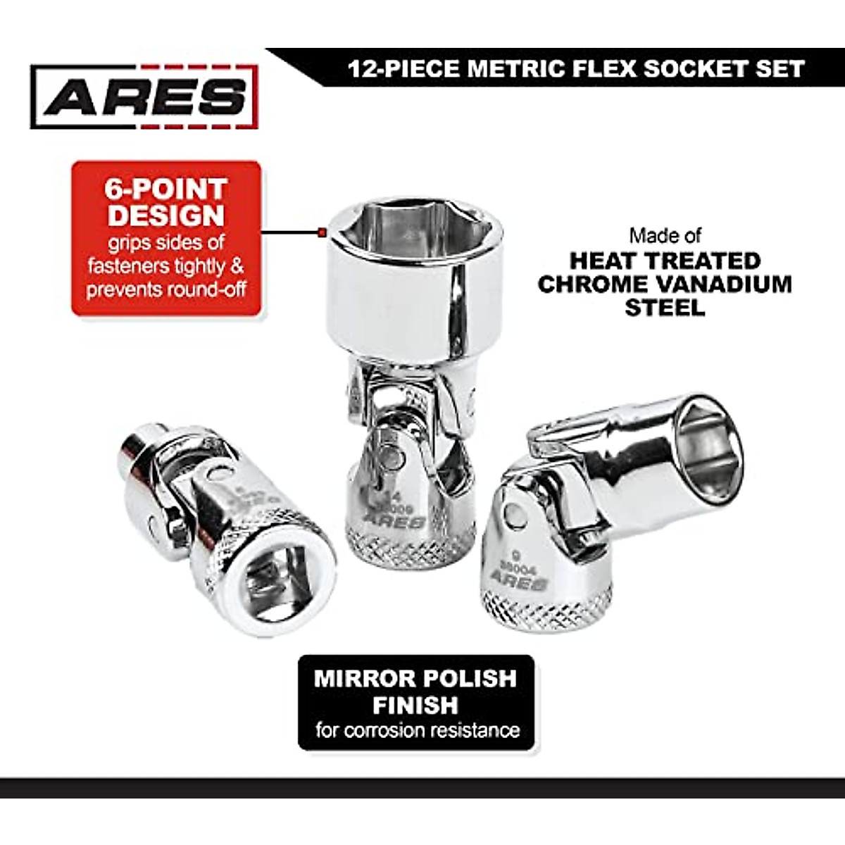 ARES 39009-12-Piece 1/4-Inch Drive Metric Flex Socket Set - 6 Point Sockets Constructed From Premium Heat Treated Chrome Vanadium Steel - Storage Rail Included