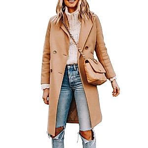 Yousify Womens Notched Lapel Collar Double Breasted Pea Coat Winter Wool Blend Over Coats Long Jackets Camel M
