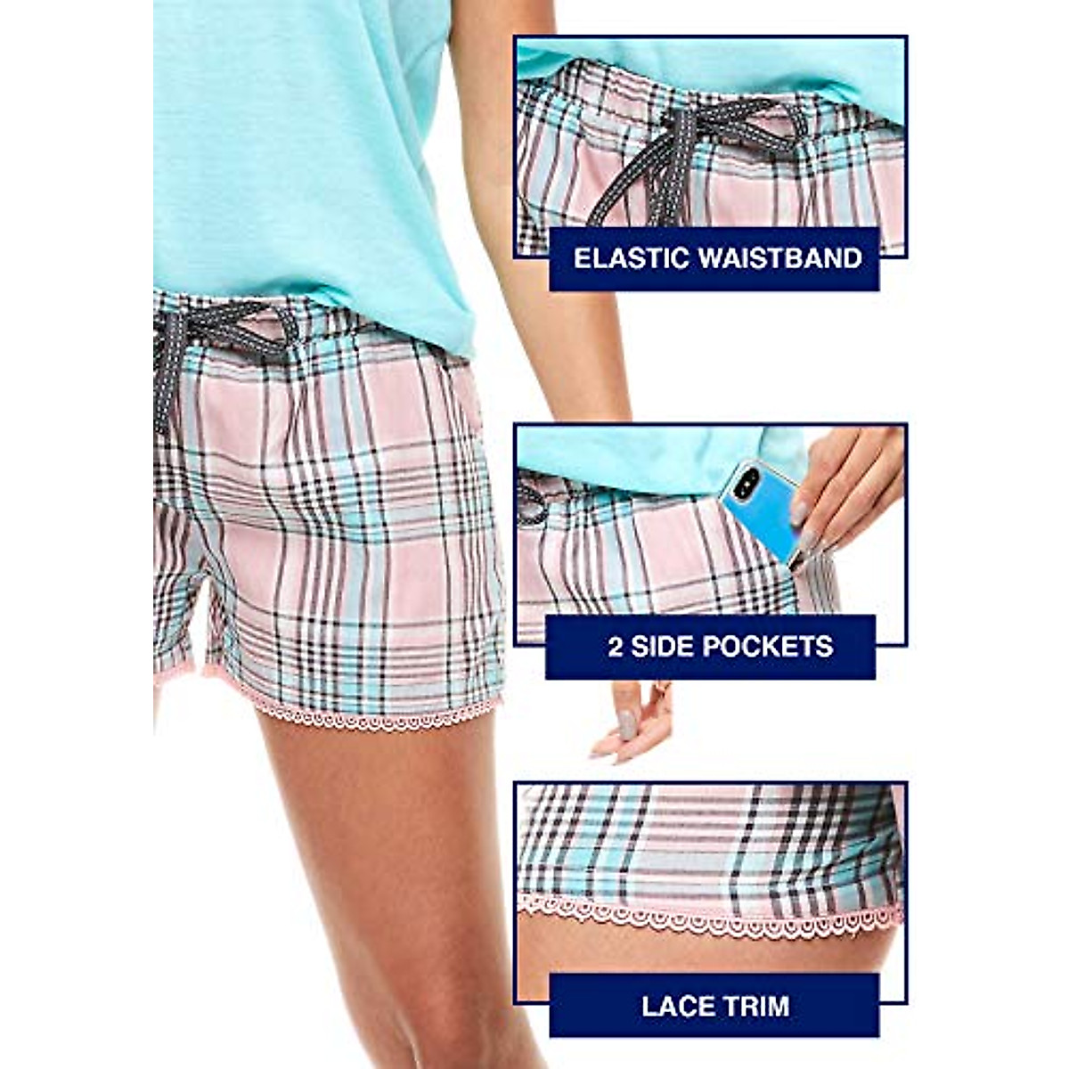 U.S. Polo Assn. Summer Pajamas for Women 2 Piece with T-Shirt and Shorts - Summer PJs for Women Set (Mint W/Pockets, Large)