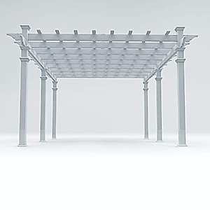 Vita 12 Foot by 16 Foot White Vinyl Barcelona Flat Top Pergola, PVC, Shade Structure, Outdoor Living, BPA and Pthalate Free, VA42028