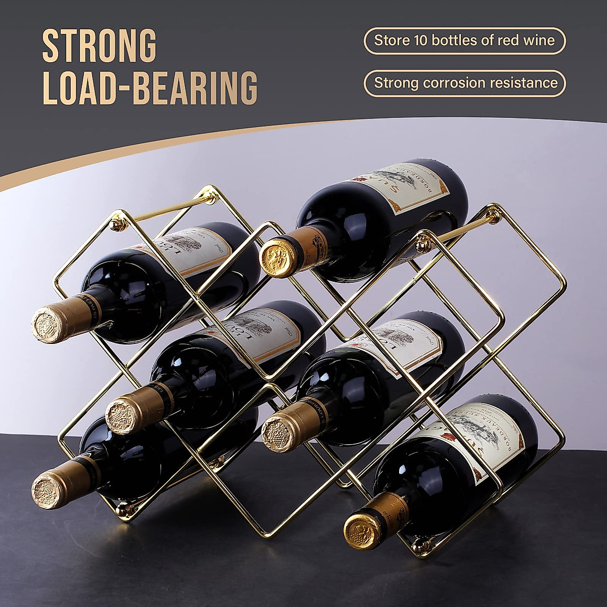 Drincarier 10 Bottle Wine Rack Freestanding Wine Rack,Wine Holder for Red White Wine Storage-Countertop Wine Rack-Metal Tabletop Wine Rack, Gold