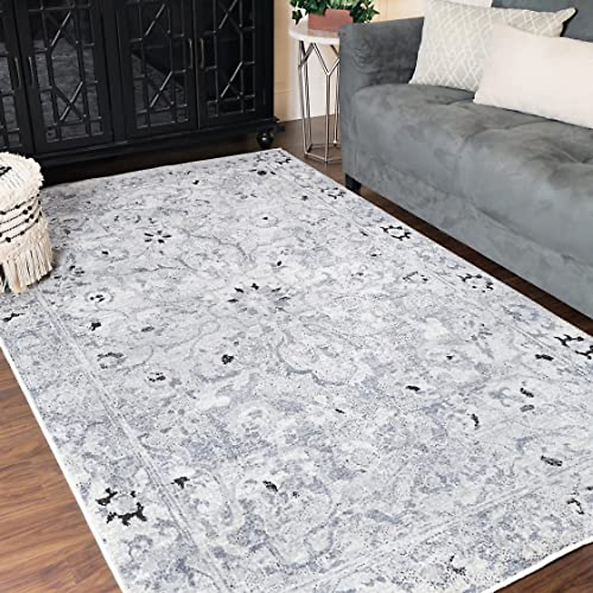 SUPERIOR Indoor Large Area Rugs with Jute Backing, Modern Distressed Floral Decor, Perfect for Entryway, Kitchen, Office, Bedroom, Living/ Dining Room, Dorm, Caine Collection, 5' x 8', Platinum
