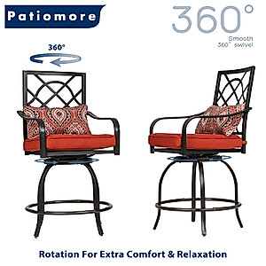 Patiomore Patio Swivel Bar Stools, Outdoor Bar Height Bistro Chairs Set of 2, Metal Iron Frame with Seat Cushions, Red