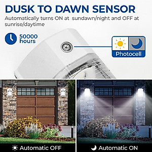 CINOTON 42W LED Barn Light Dusk to Dawn Outdoor Lighting, Black 1 Pack & 26W LED Wall Pack Light with Dusk to Dawn Sensor White 2 Pack