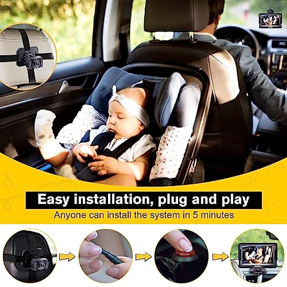 Baby Car Camera Rear Facing: HD 1080P Car Baby Monitor with Camera Wide View 360° Rotation Adjustable Backseat Camera Crystal Night Vision 3 Mins Easy to Install