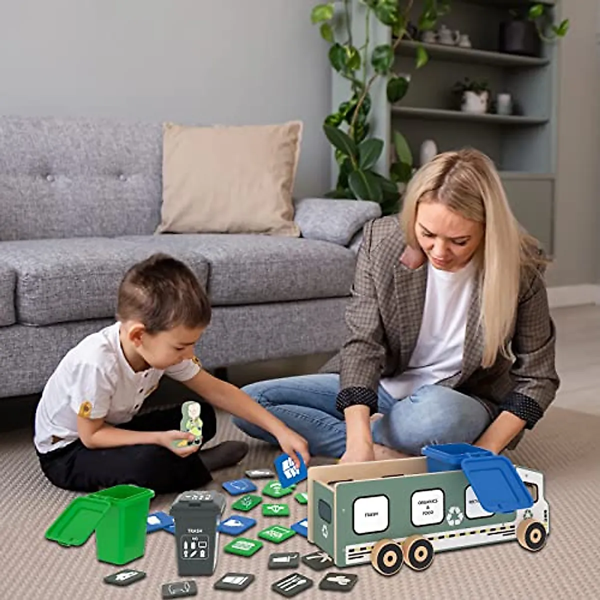 DUKVSG Large Wooden Garbage Truck Toy, Waste Management Recycling Truck Toy with 3 Trash Cans, Educational Toys and Gift for Kids, Toddlers, Boys, Girls 3 4 5 6 7 Years Old