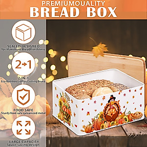 Thanksgiving Bread Box with Bamboo Cutting Board Lid, Modern Metal Bread Storage Container, Farmhouse Thanksgiving Turkey Decorations Table Decor for Dining Room, Thanksgiving Gifts for Women