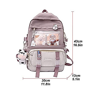 holygloomy Kawaii Backpack with Kawaii Pin and Accessories Kawaii Rucksack for Teen Girls School Bag Cute Aesthetic Backpack, Purple, 11.8''x17''x5''