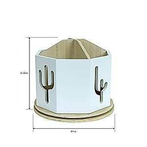 Designstyles Spinning Desktop Stationary Organizer – Decorative Wooden Rotating Pen and Pencil Cup – Desk and Table Top Office Supplies Station (White with Cactus cutout)
