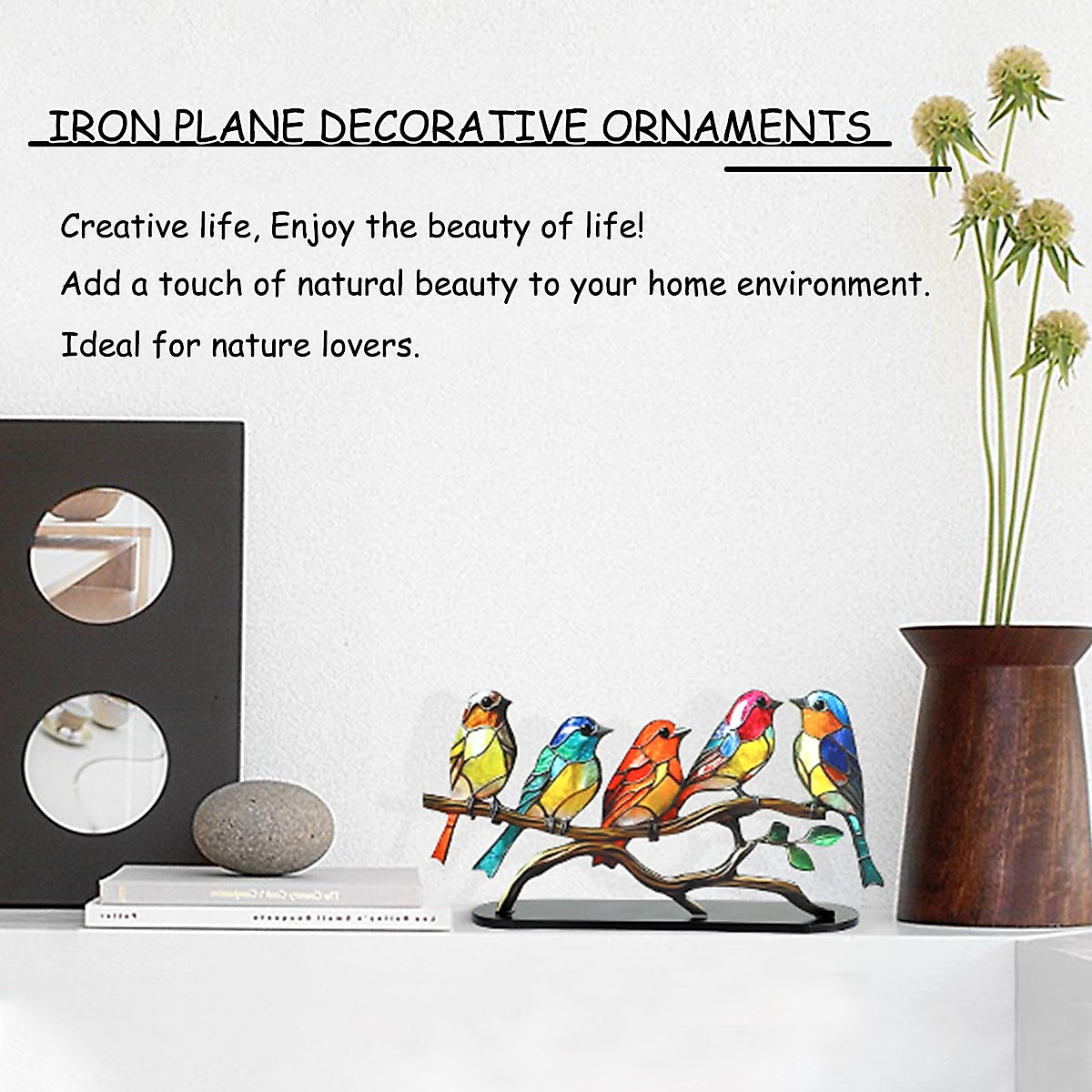 VNRGG Stained Birds On Branch Desktop Ornaments Double Sided Metal Flatness Table Art Home Room Decoration Suitable for Office Wine Cooler Decor(5 Birds on a Branch)