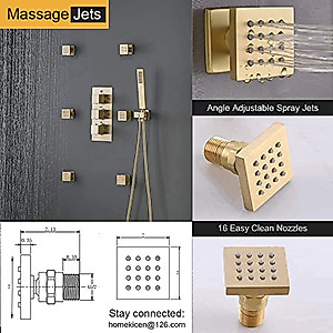 Brushed Gold Rain Shower System - 16 inch Ceiling Square Rainfall head with Handheld Spray and Full Body Massage Multi Jets Thermostatic Brass Valve Kit, Faucets Sets Complete Combo