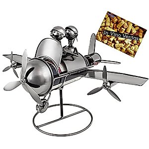 BRUBAKER Wine Bottle Holder Couple on an Airplane - Metal Sculpture - Wine Rack Decor - Tabletop - with Greeting Card
