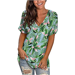 wodceeke Women's Top Short-Sleeved V-Neck Camouflage T-Shirt Casual Loose Summer Tee Sports Top (Green, L)