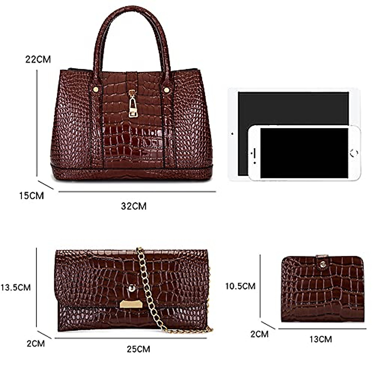 Retro Messenger Lock Bag Fashion Shoulder Handbags Three-piece Bags Crocodile Pattern Purses Female Top Handle Tote (Black)