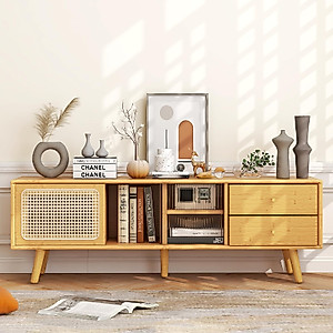 Tangkula Mid Century Modern TV Stand for TVs up to 65", Bamboo Entertainment Center w/Glass & PE Rattan Sliding Doors, 2 Drawers, Adjustable Shelf, Wood Legs, Media Console for Living Room