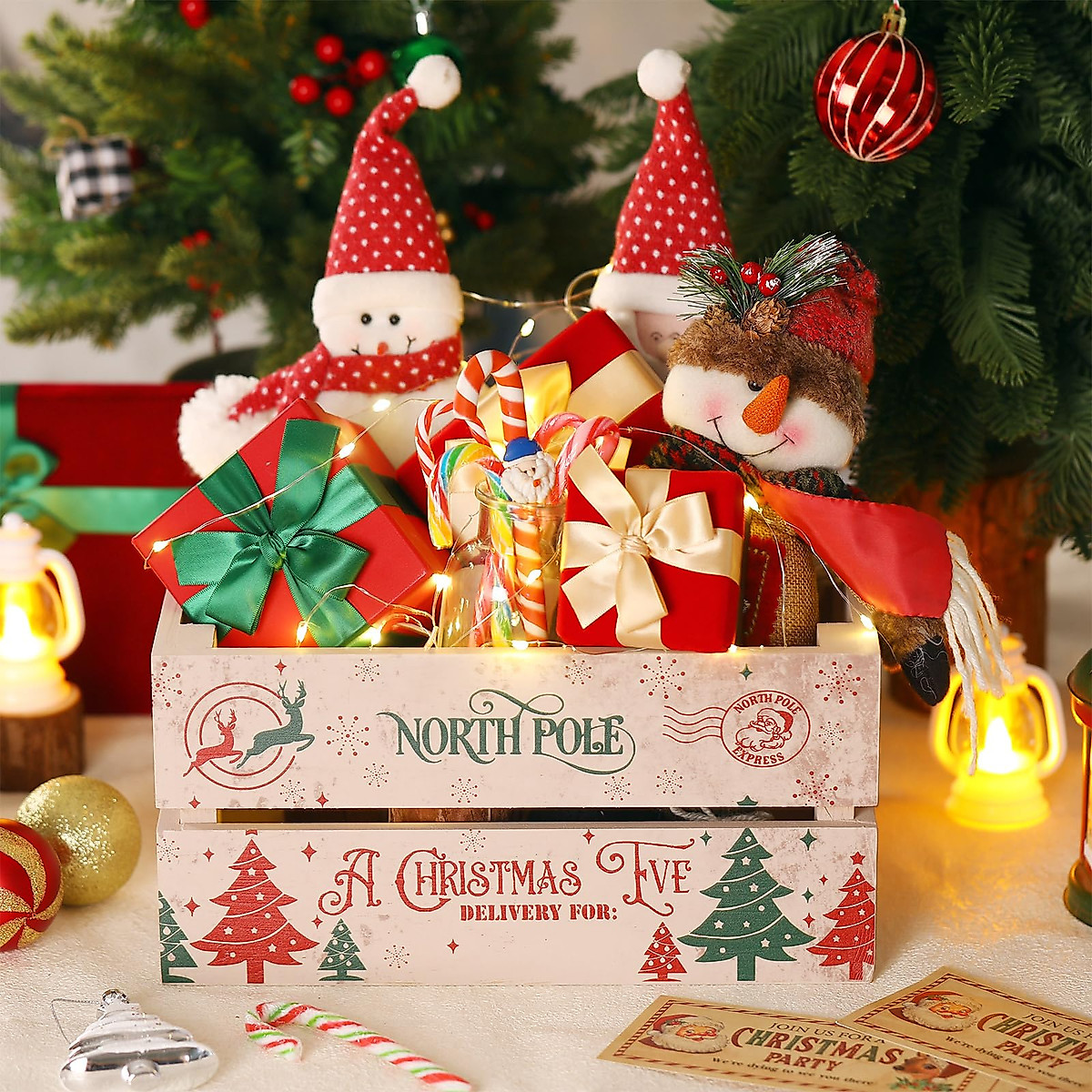 Soaoo Christmas Eve Gift Box Christmas Crate Wooden Christmas Box Xmas Santa Box for Kids Christmas Eve Crate Christmas Decor Reindeer Decor Holiday Winter Party Decor Ornaments Supplies (Wood)