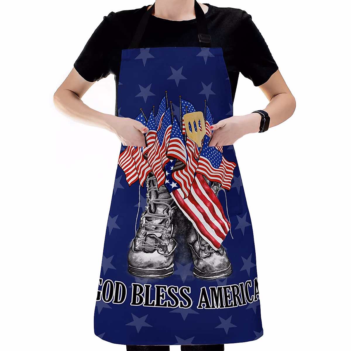 LAMANDA Kitchen Aprons for Women,Memorial Day Free Boots USA Flag Cooking Apron with Pockets Server Aprons Chef Apron for Men