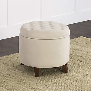 Homepop Home Decor | Upholstered Round Velvet Tufted Foot Rest Ottoman | Ottoman with Storage for Living Room & Bedroom | Decorative Home Furniture, Cream Small