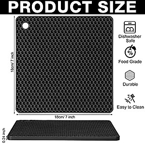 Bokon 12 Pcs Silicone Trivet for Hot Dishes 7'' Square Silicone Trivet Mats Heat Resistant Pot Holders Black Anti Slip Silicone Pot Mat Table Placemats for Pots and Pans Hot Pad for Kitchen Counter