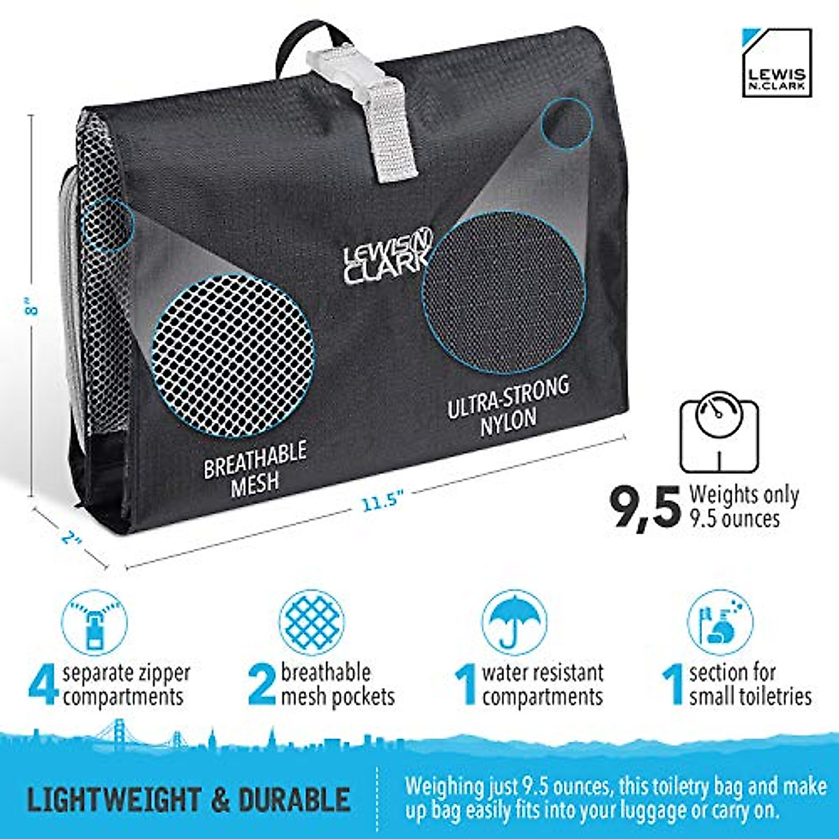 Lewis N. Clark Hanging Toiletry Bag for Travel Accessories, Shampoo, Cosmetics + Personal Items with Waterproof Compartment and Folding Design,Black