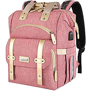 Jiefeike Diaper Bag Backpack,Baby Boys Girls Travel Backpack Diaper Bag for Dad Mom,Insulated Pockets Portable Pink Baby Nappy Bags with USB Charging Port,RFID Anti-Theft Pocket Stroller Straps
