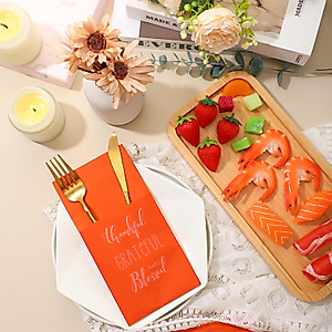 Tenceur 50 Pcs Thanksgiving Fall Guest Napkins Disposable Burnt Orange Paper Napkins Thankful Grateful Blessed Napkins with Flatware Pocket Prefolded Dinner Napkins for Silverware Fall Party