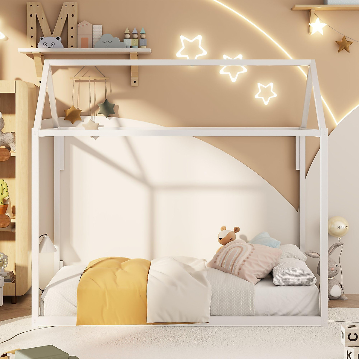 Merax Metal House Bed : Metal Floor Bed,House Shape Bed with Metal Slats,Twin Size,White