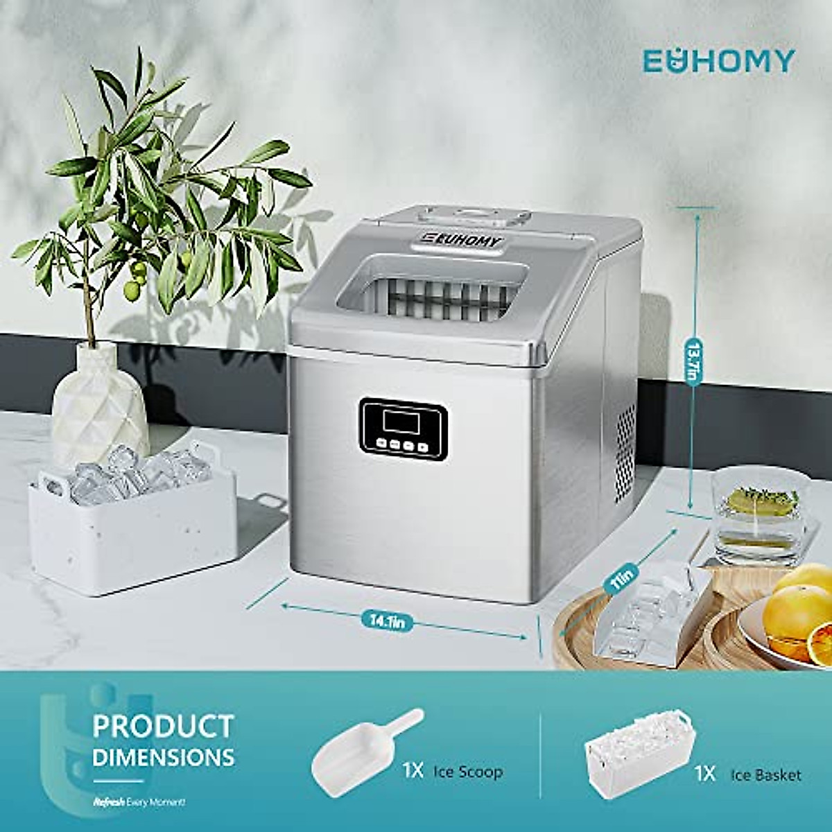 EUHOMY Countertop Ice Maker Machine, 40Lbs/24H Auto Self-Cleaning, 24 Pcs Ice/13 Mins, Portable Compact Ice Maker with Ice Scoop & Basket, Perfect for Home/Kitchen/Office/Bar(Silver)
