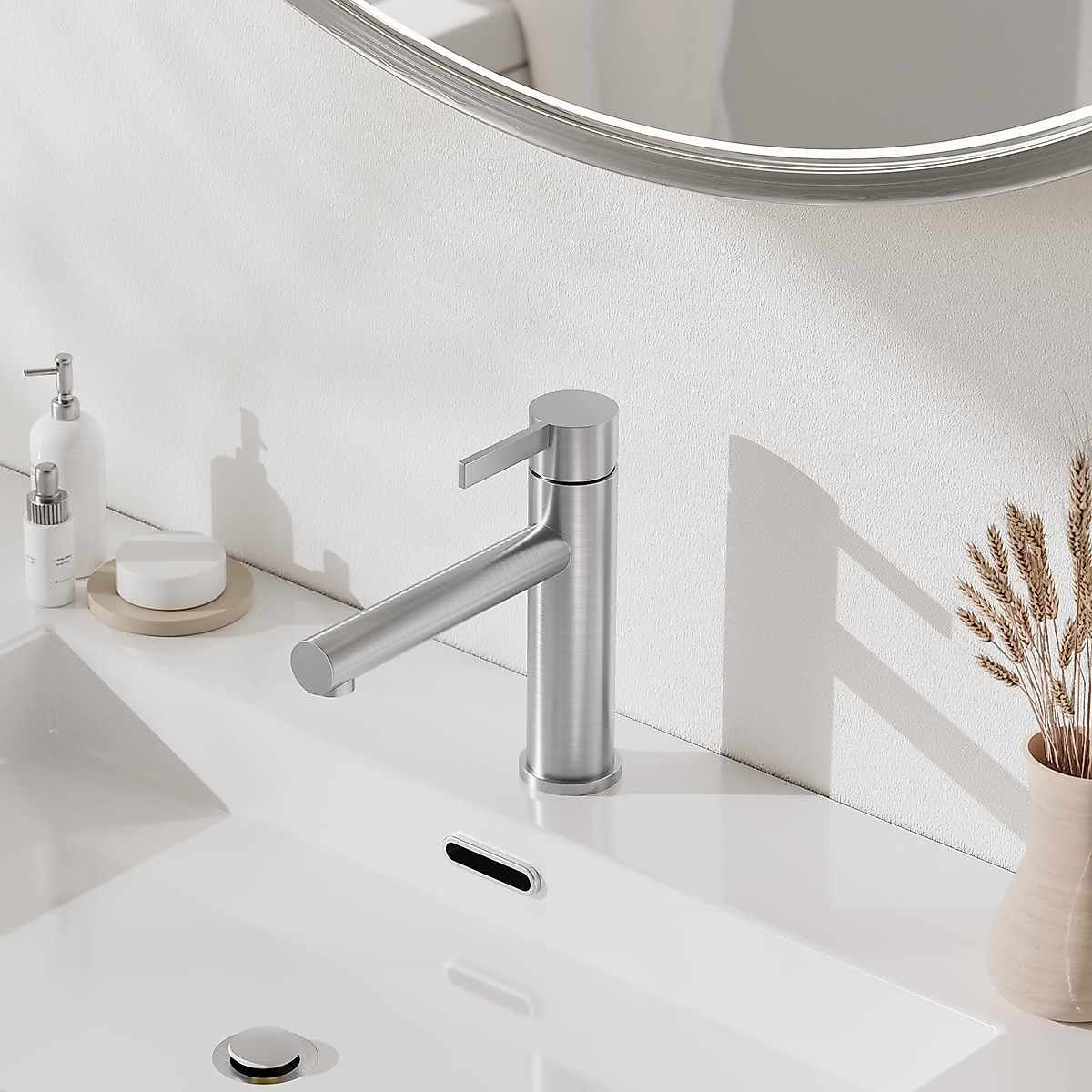 Phiestina Single Hole Single Handle Low Arc Brushed Nickel Bathroom Sink Faucet, Basin Faucet with Metal Pop-up Drain & Water Supply Line, FH01-BN