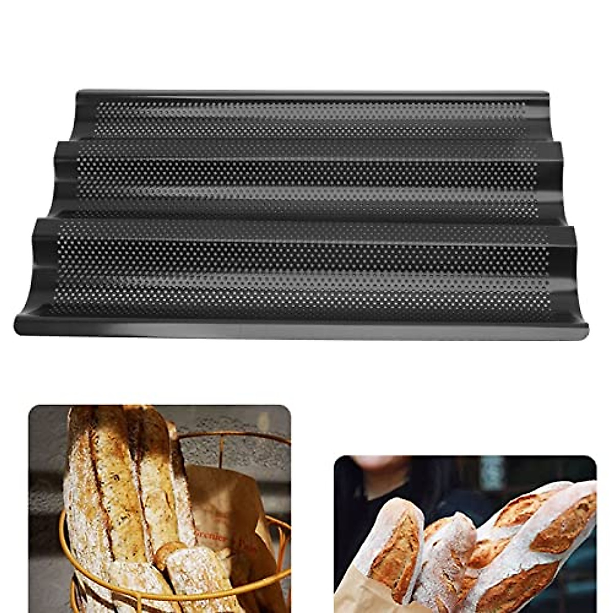 Baguette Pan, French Bread Pan Easy To Release 3 Slots Easy To U Shape Black Uniform Heating Stainless Steel for Kitchen