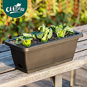 CEED4U Window Box Planter, 17 Inches 3 Packs Black Rectangular Planters Box with Saucers and 15Pcs Plant Labels, Self-Watering Drainage Holes, Windowsill Decor Outdoor Indoor Plastic Long Pots