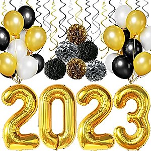 KatchOn, Graduation Balloons 2023 Set - Big 40 Inch, Pack of 43 | Gold 2023 Balloons Graduation, Pompoms and Hanging Swirls | Black and Gold Graduation Party Decorations 2023, Prom Decorations 2023