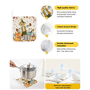 Fall Scarecrow 2 PCS Pot Holders for Kitchens Counter, Autumn Thanksgiving Pumpkin Maple Burlap Heat Insulated Podholders Oven Hot Pads for Cooking BBQ Baking Heat Proof Mat