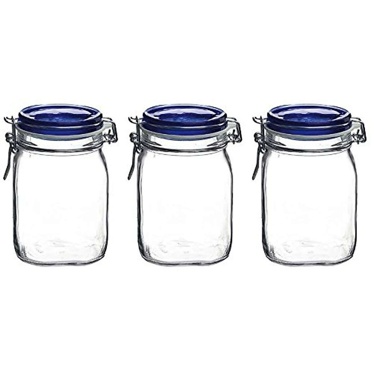 Bormioli Rocco: 3 "Fido" Jars (Capacity: 1l - 2.11 Pint), Blue Lid [ Italian Import ]