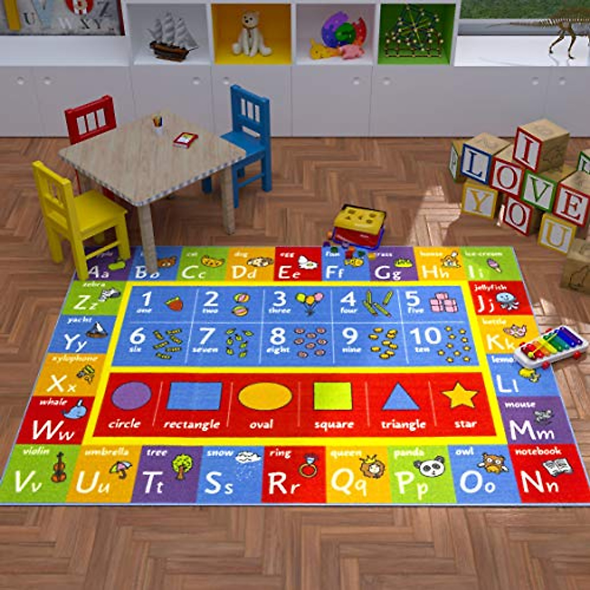 KC Cubs ABC Alphabet, Numbers & Shapes Educational Learning & Fun Game Play Area Rug for Kids Bedroom, Toddler Classroom and Baby Playroom