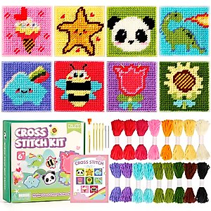 Caydo 8-in-1 Cross Stitch Kit for Beginners Kids, Includes 8 PCS Plastic Canvas with Pre-Patterns, 13 Colors Threads, Instructions, Embroidery Needles for Beginners Sewing