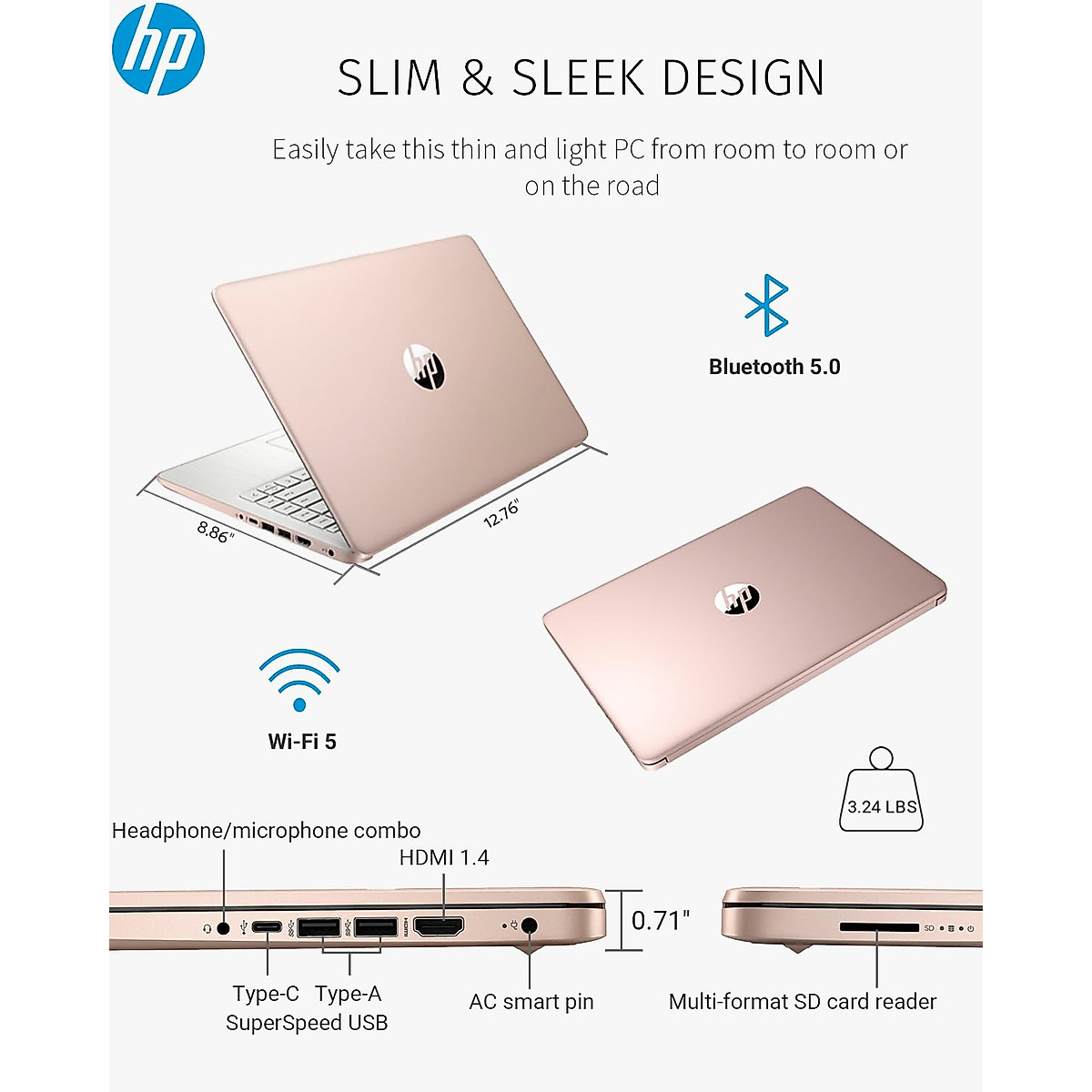 HP Newest Laptop Computer, 14” HD Light PC, Intel Quad-Core Celeron N4120, 8GB DDR4 RAM, 192GB Storage, 1-Year Office 365, Windows 11, Long Battery Life, Webcam, USB-C, Wi-Fi 5, HDMI, Rose Gold, PCM