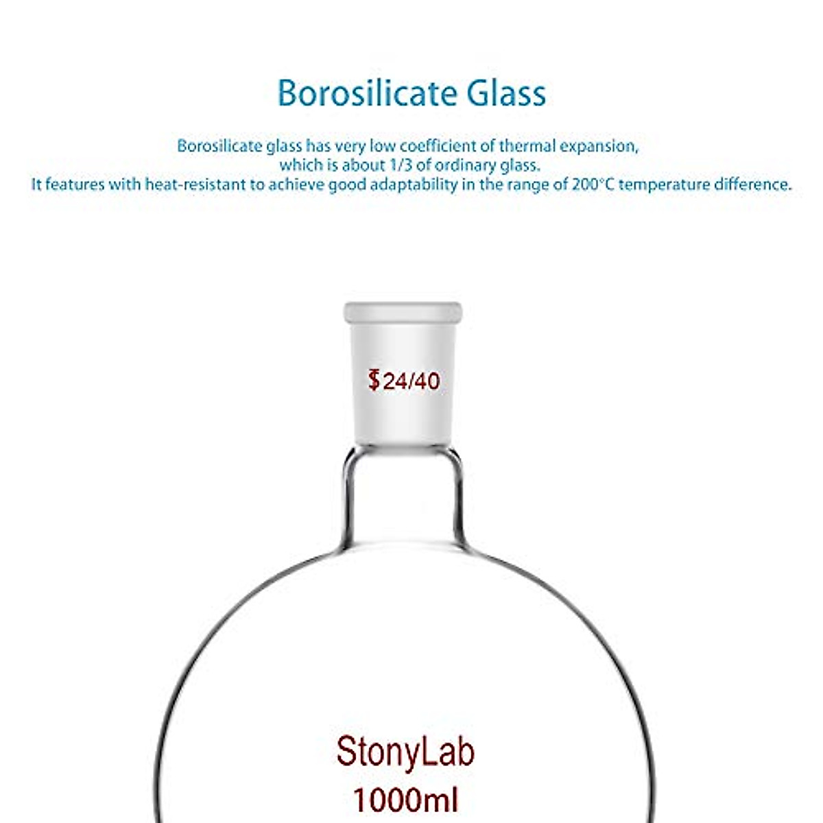StonyLab 1000ml Glass Single Neck Round Bottom Flask RBF, with 24/40 Standard Taper Outer Joint - 1L (1 Liter)