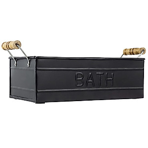 MyGift Matte Black Metal Bathroom Storage Basket with Wood Handles - Rectangular Bath Toiletries Holder and Organizer Bin with Embossed Bath Label - Handcrafted in India